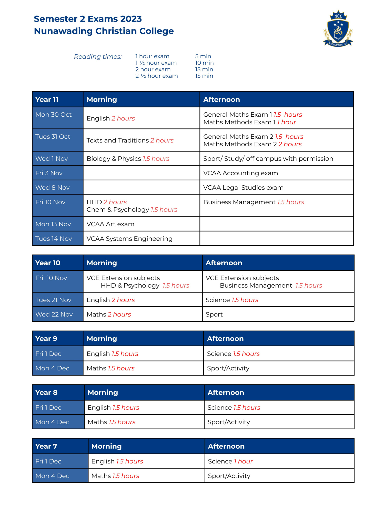 Year 7-11 Exam Timetable Available | Nunawading Christian College